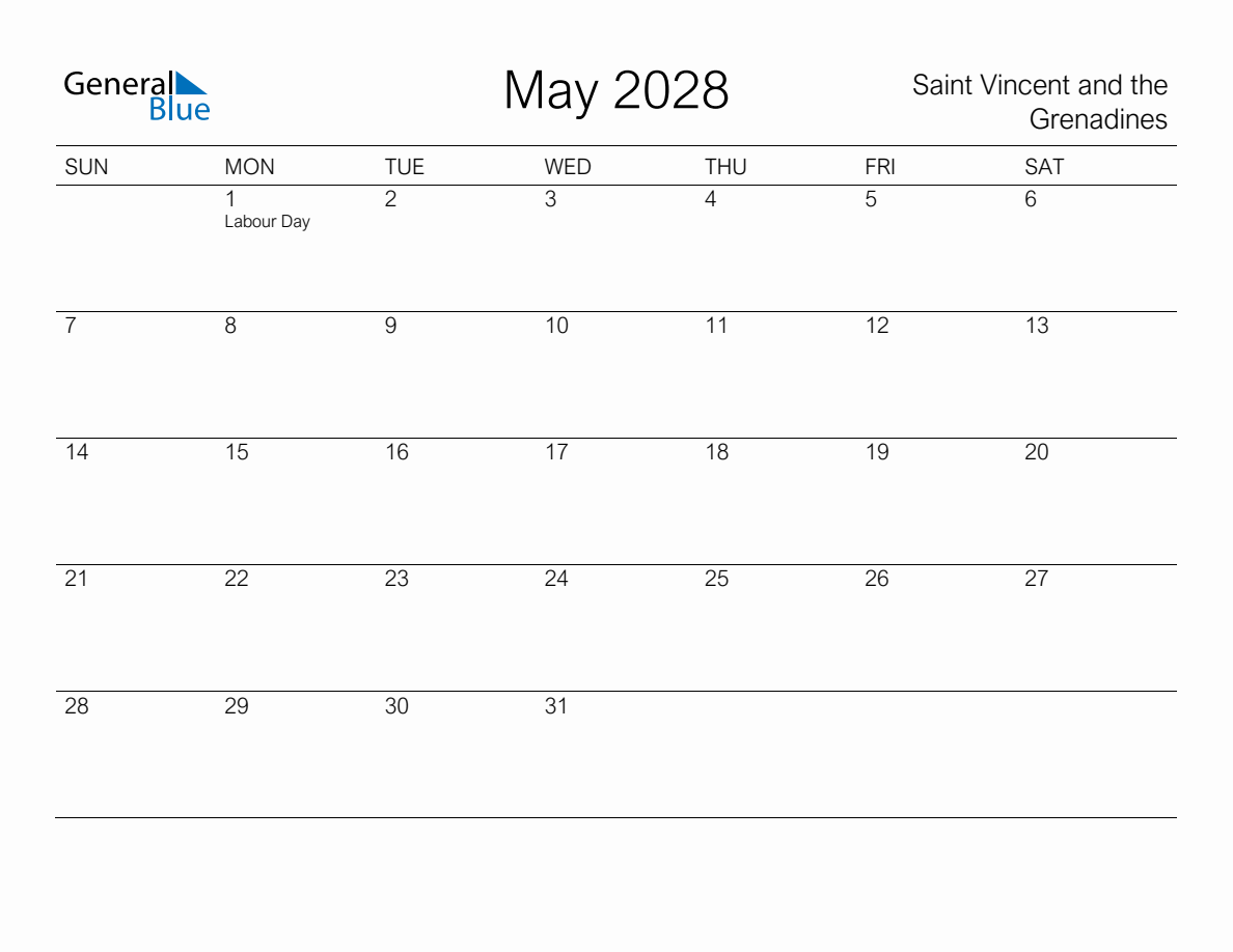 Printable May 2028 Monthly Calendar with Holidays for Saint Vincent and ...