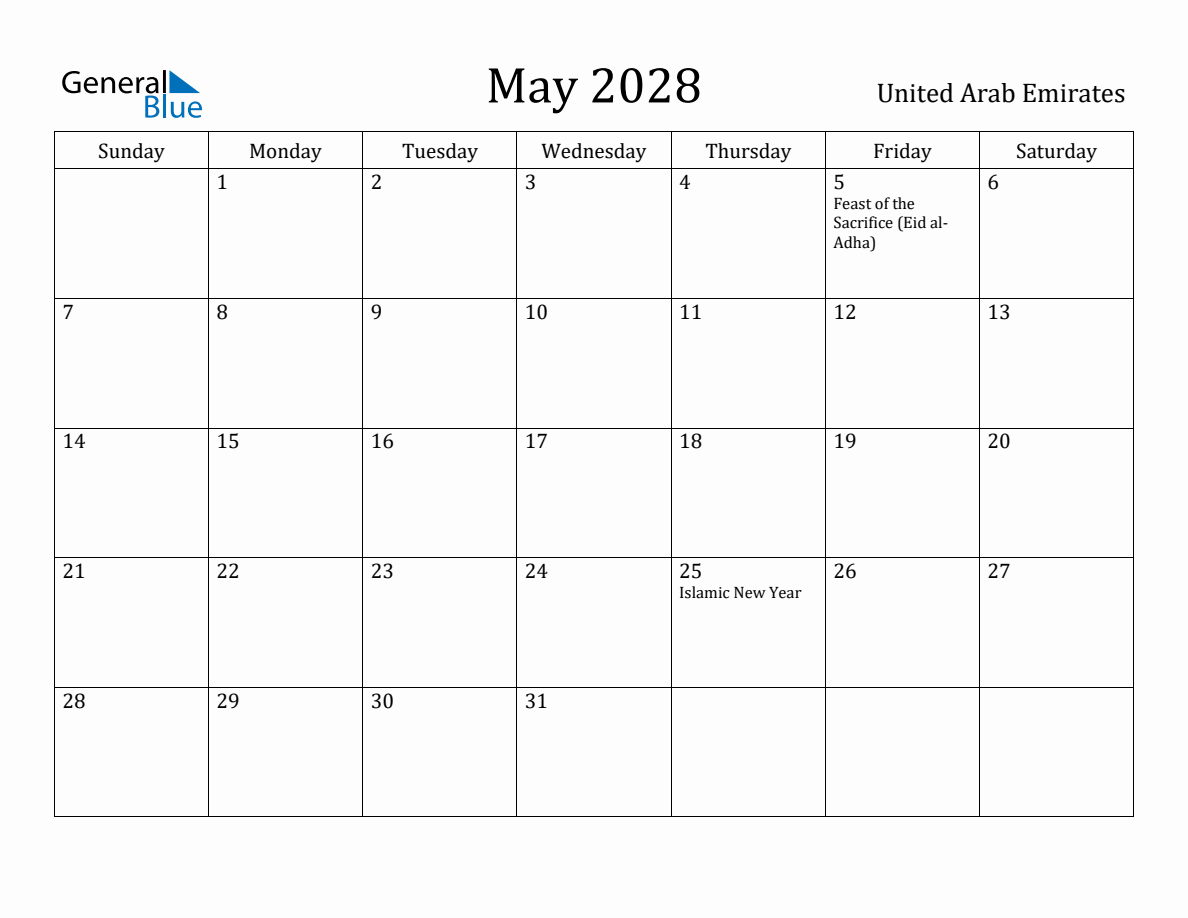 May 2028 Monthly Calendar with United Arab Emirates Holidays
