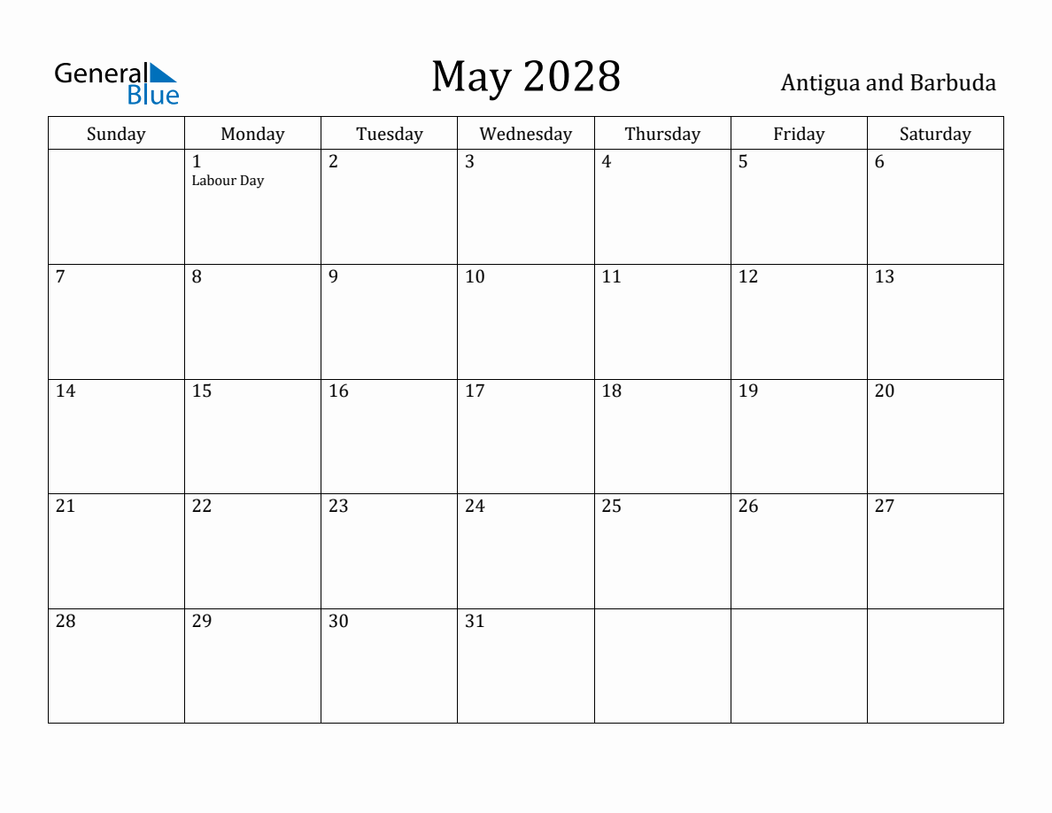 May 2028 Monthly Calendar with Antigua and Barbuda Holidays