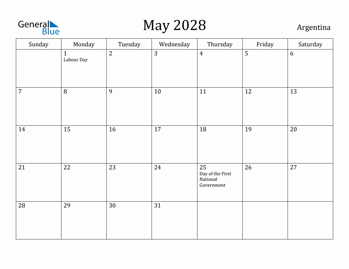 May 2028 Monthly Calendar with Argentina Holidays
