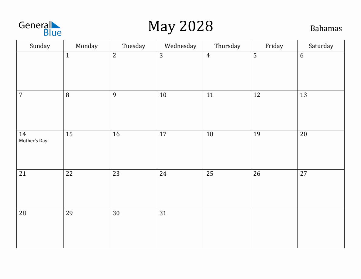 May 2028 Monthly Calendar with Bahamas Holidays