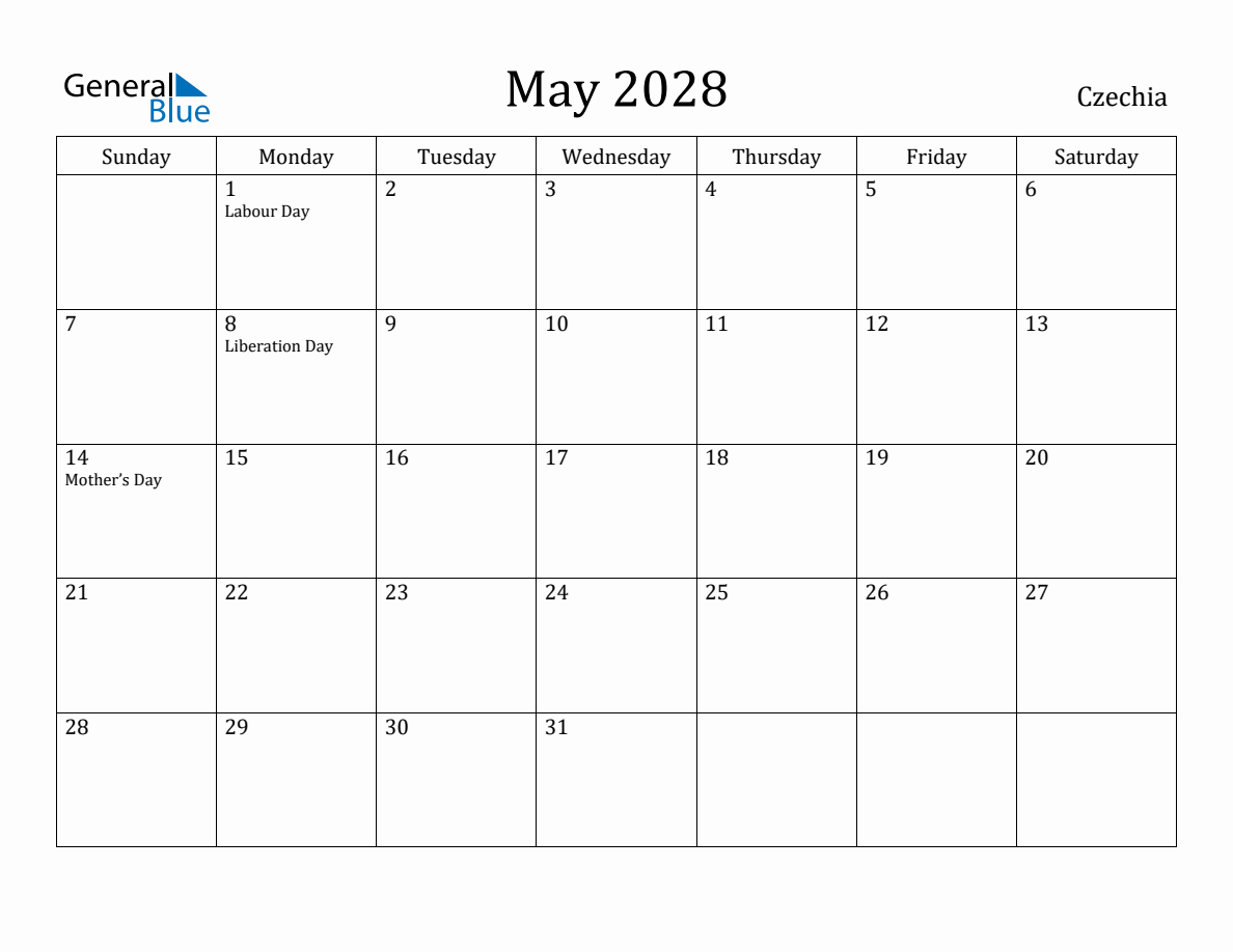 May 2028 Monthly Calendar with Czechia Holidays