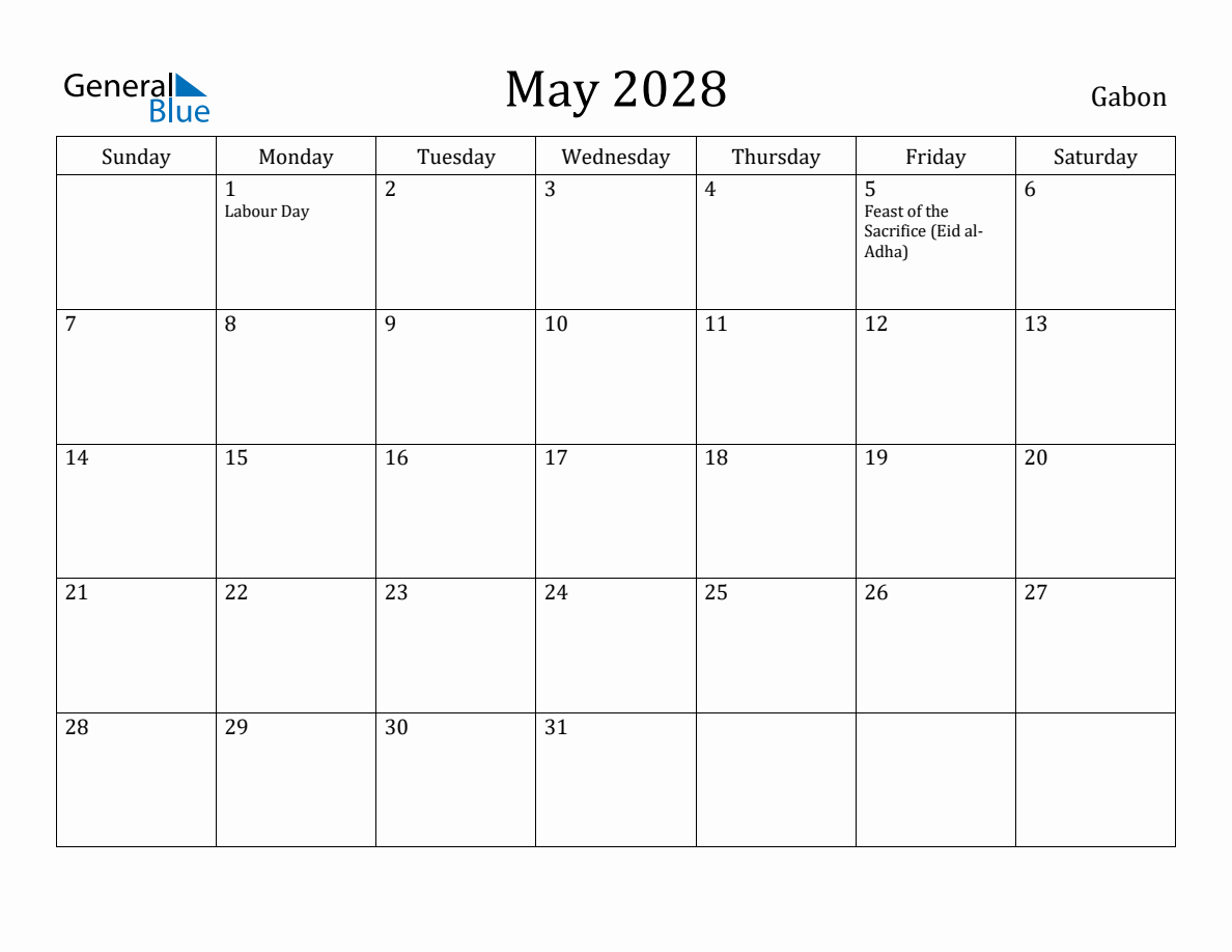 May 2028 Monthly Calendar with Gabon Holidays