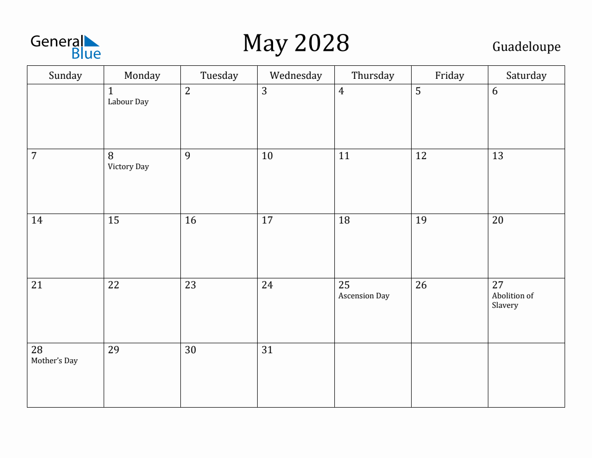 May 2028 Monthly Calendar with Guadeloupe Holidays