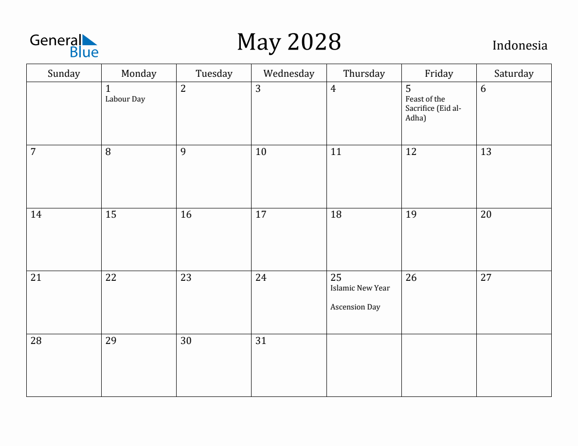 May 2028 Monthly Calendar with Indonesia Holidays