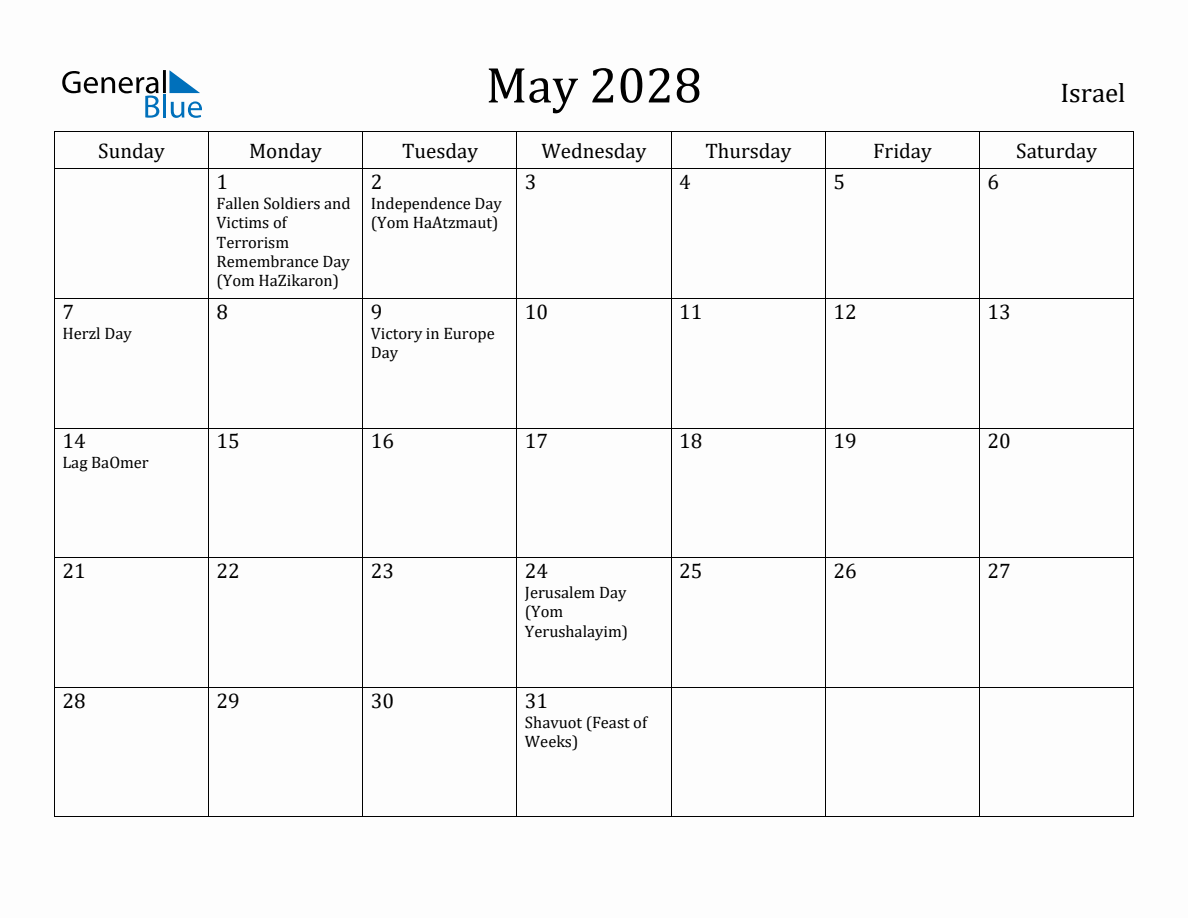May 2028 Monthly Calendar with Israel Holidays