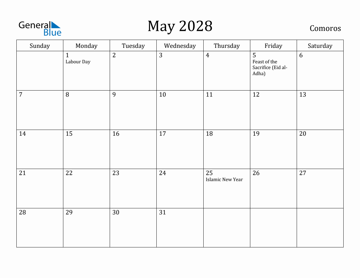 May 2028 Monthly Calendar with Comoros Holidays