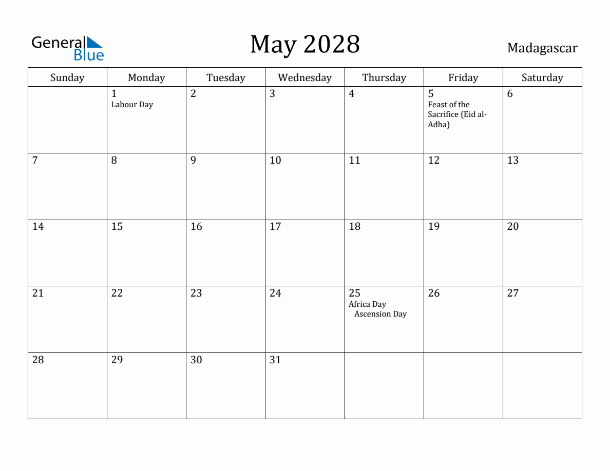 May 2028 Monthly Calendar with Madagascar Holidays