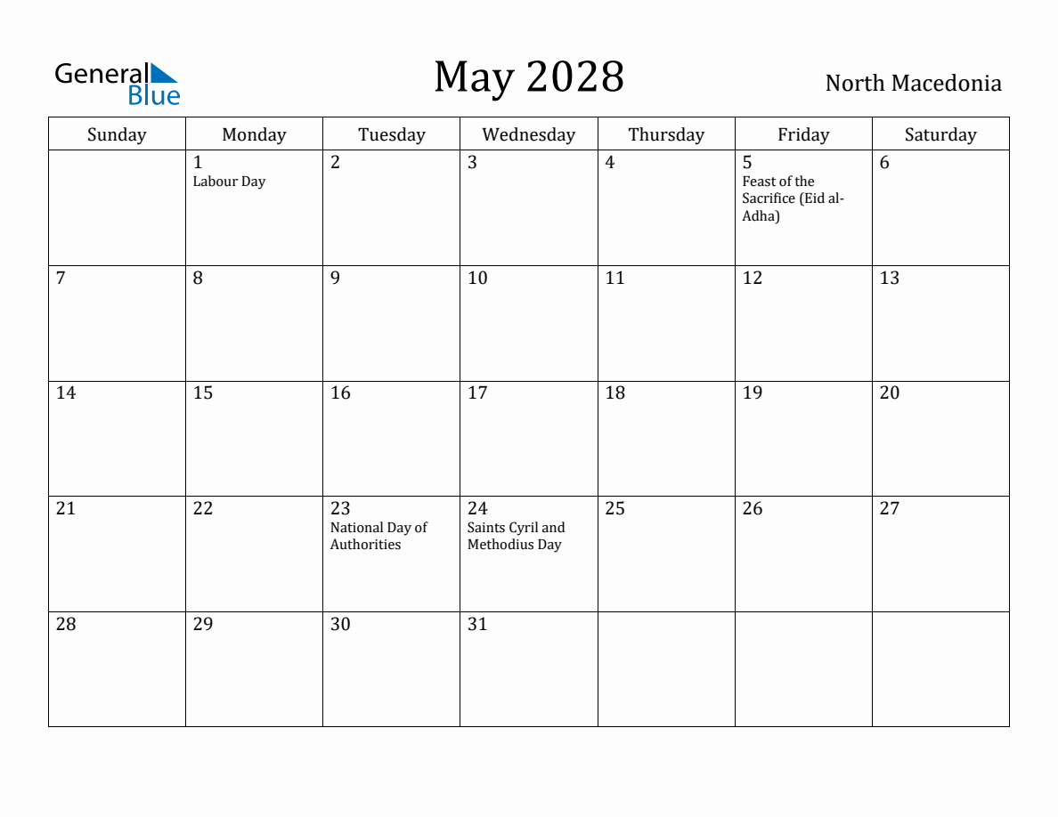 May 2028 Monthly Calendar with North Macedonia Holidays