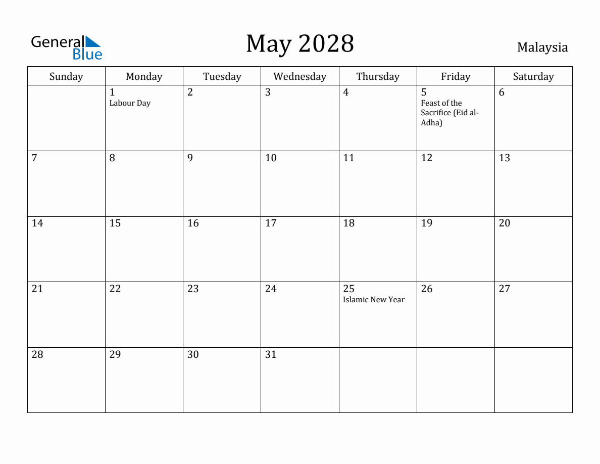 May 2028 Monthly Calendar with Malaysia Holidays