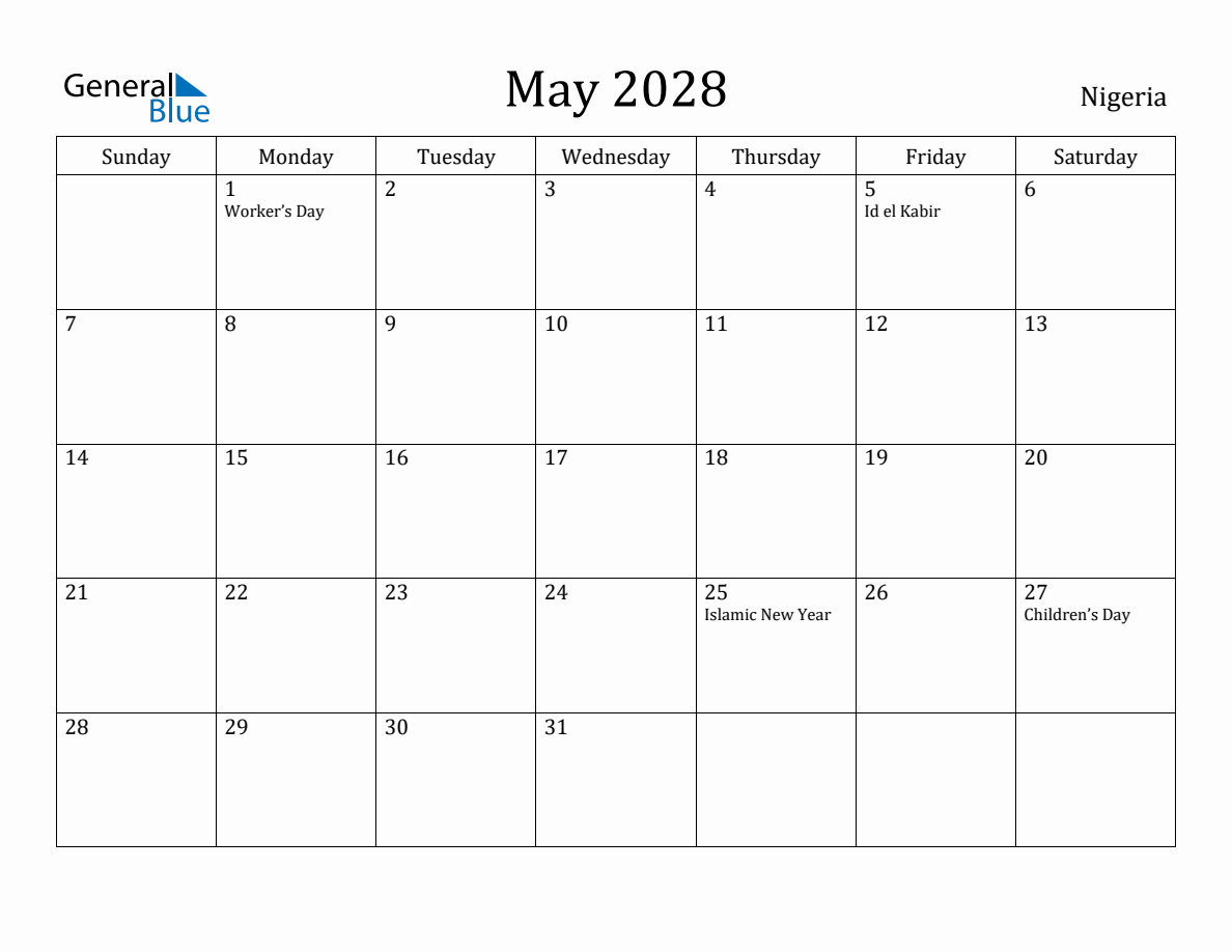 May 2028 Monthly Calendar with Nigeria Holidays