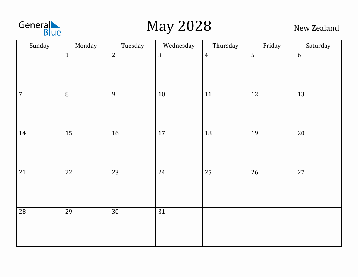 May 2028 Monthly Calendar with New Zealand Holidays