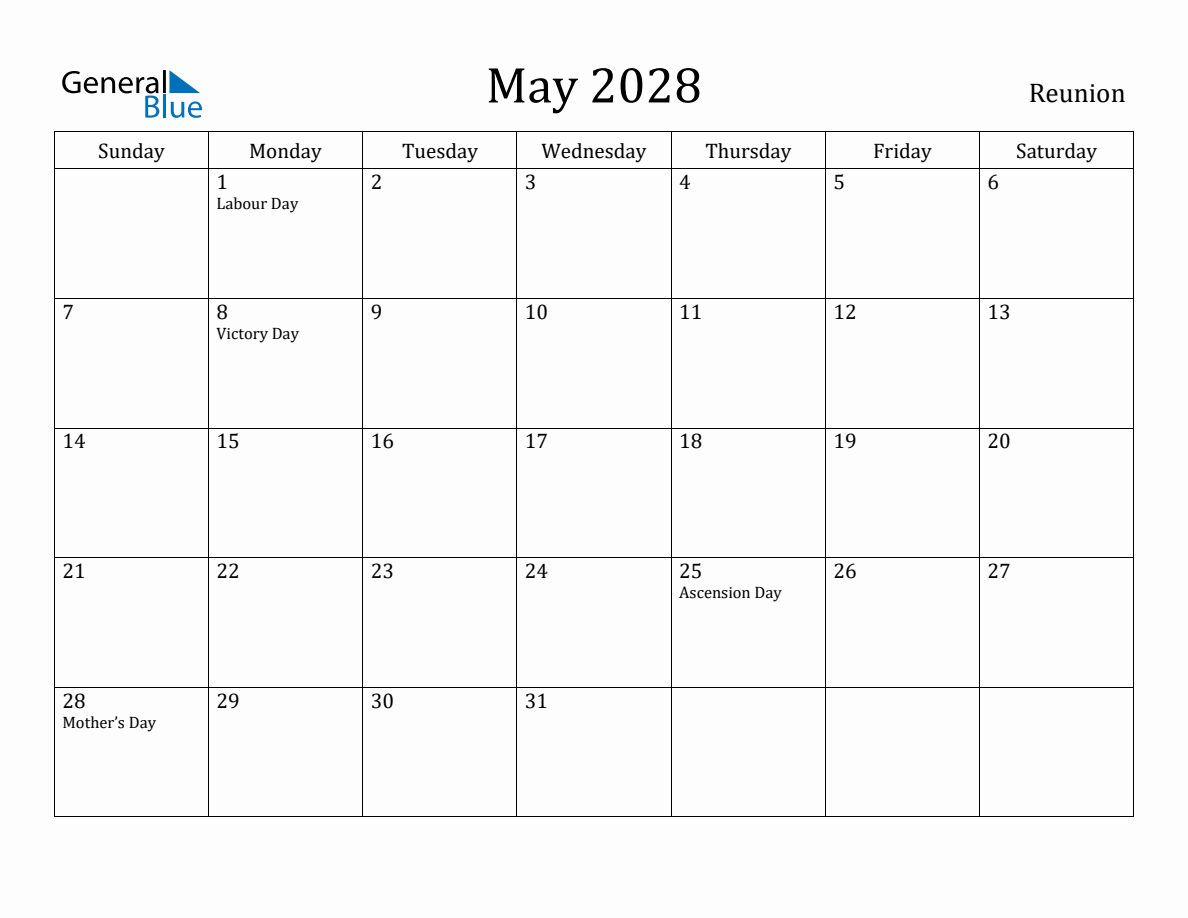 May 2028 Monthly Calendar with Reunion Holidays