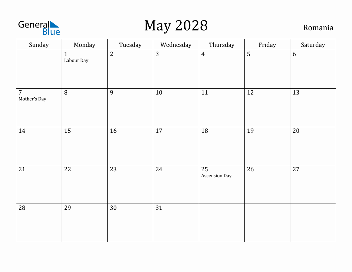 May 2028 Monthly Calendar with Romania Holidays
