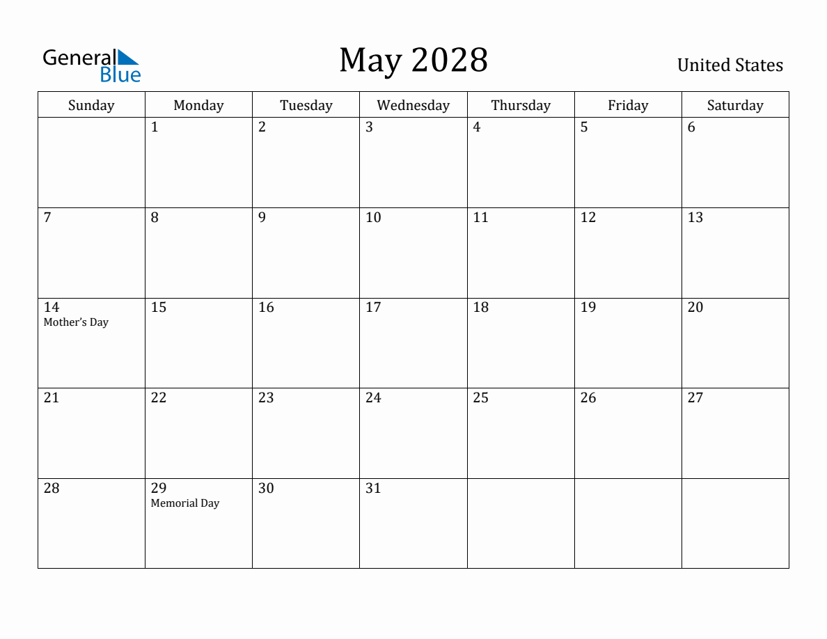 May 2028 Monthly Calendar with United States Holidays