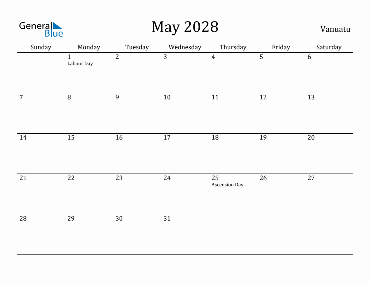 May 2028 Monthly Calendar with Vanuatu Holidays