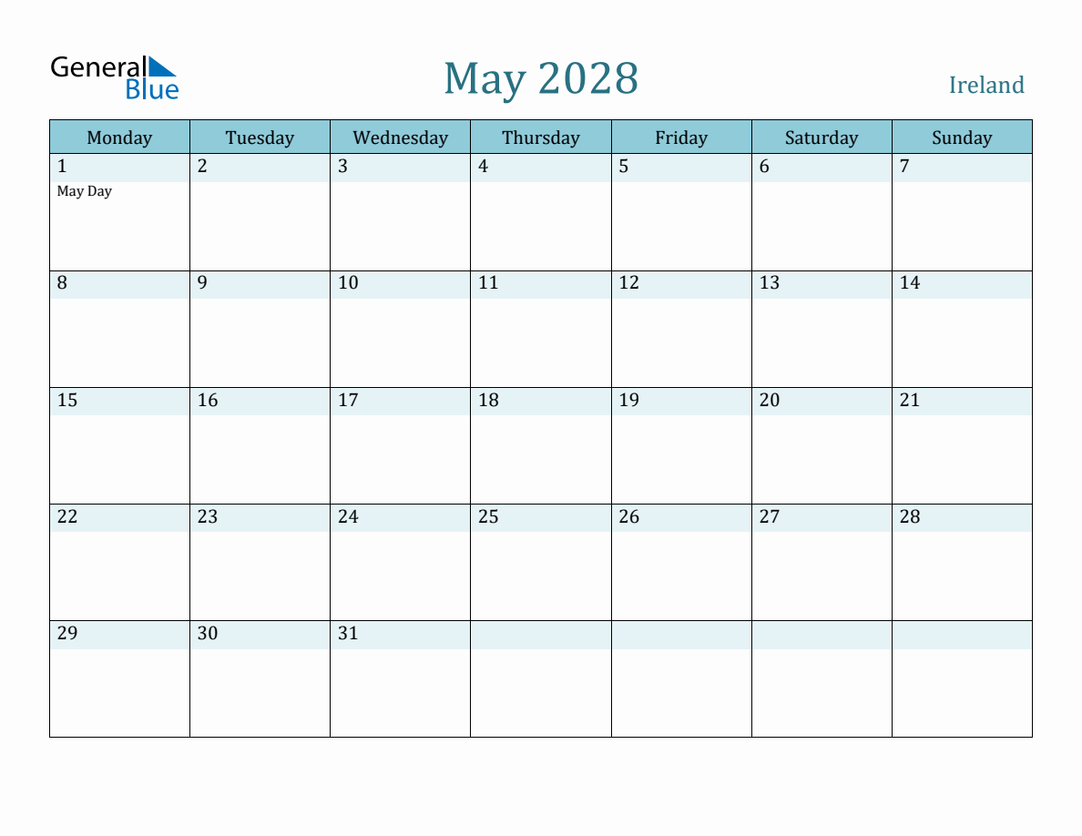 Ireland Holiday Calendar for May 2028 (Monday Start)