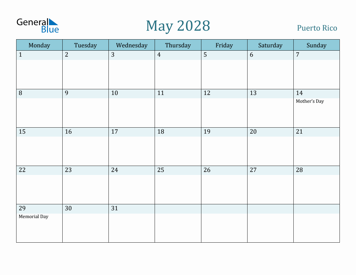 Puerto Rico Holiday Calendar for May 2028 (Monday Start)