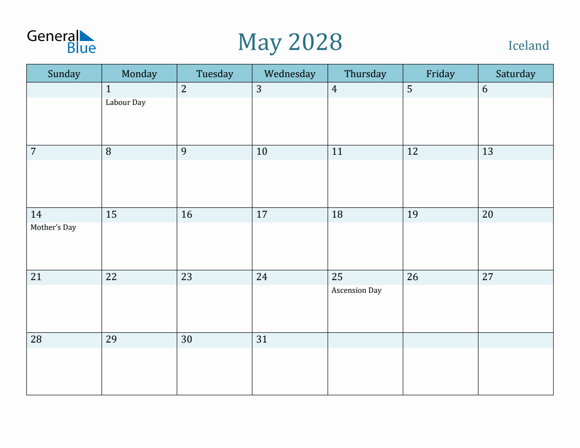 Iceland Holiday Calendar for May 2028
