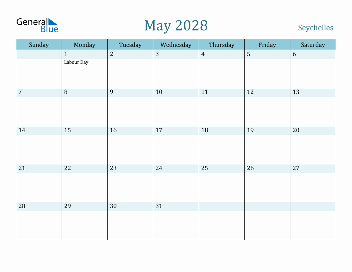 Seychelles Holiday Calendar for May 2028