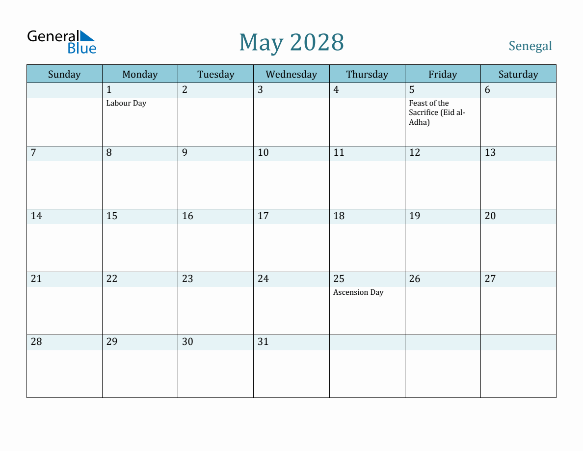 Senegal Holiday Calendar for May 2028