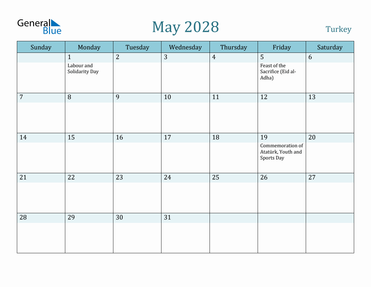 Turkey Holiday Calendar for May 2028