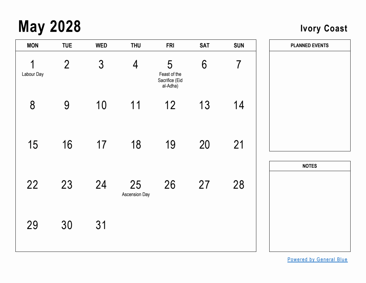 May 2028 Planner with Ivory Coast Holidays (Monday Start)