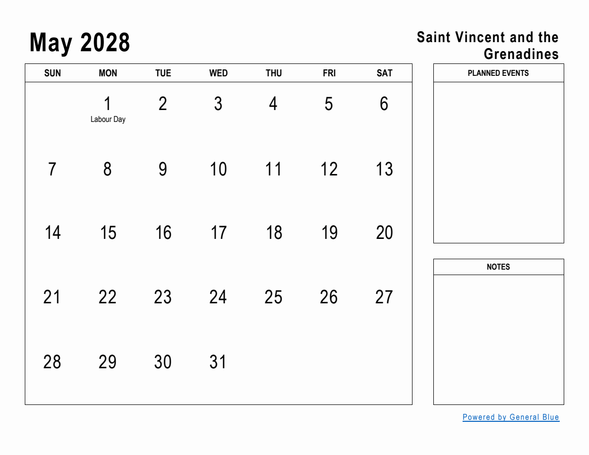 May 2028 Planner with Saint Vincent and the Grenadines Holidays