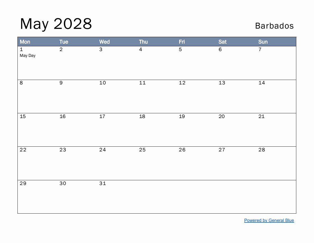 Free Monthly Calendar Template for May 2028 with Barbados Holidays