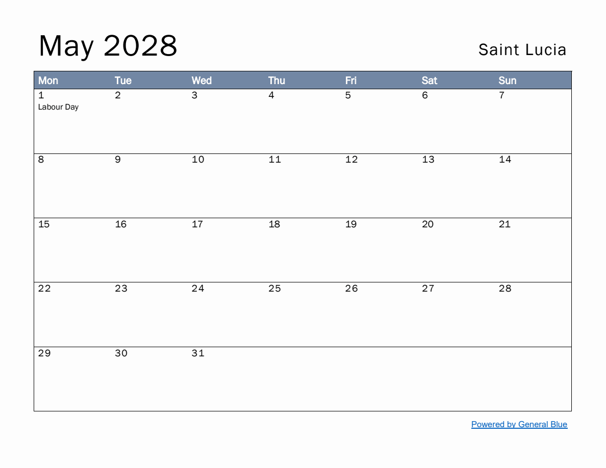 Free Monthly Calendar Template for May 2028 with Saint Lucia Holidays ...