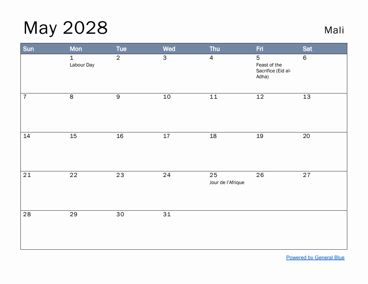 Free Monthly Calendar Template for May 2028 with Mali Holidays