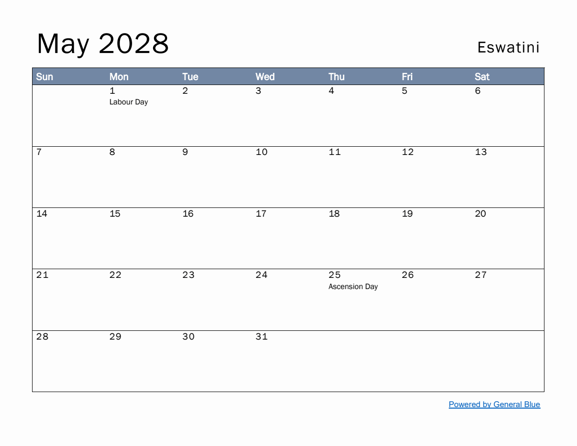 Free Monthly Calendar Template for May 2028 with Eswatini Holidays