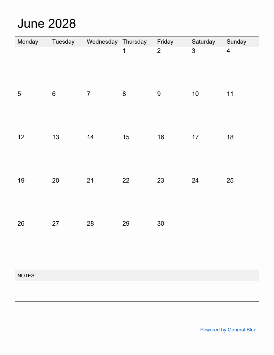 Free Printable Monthly Calendar for June 2028 - Monday Start