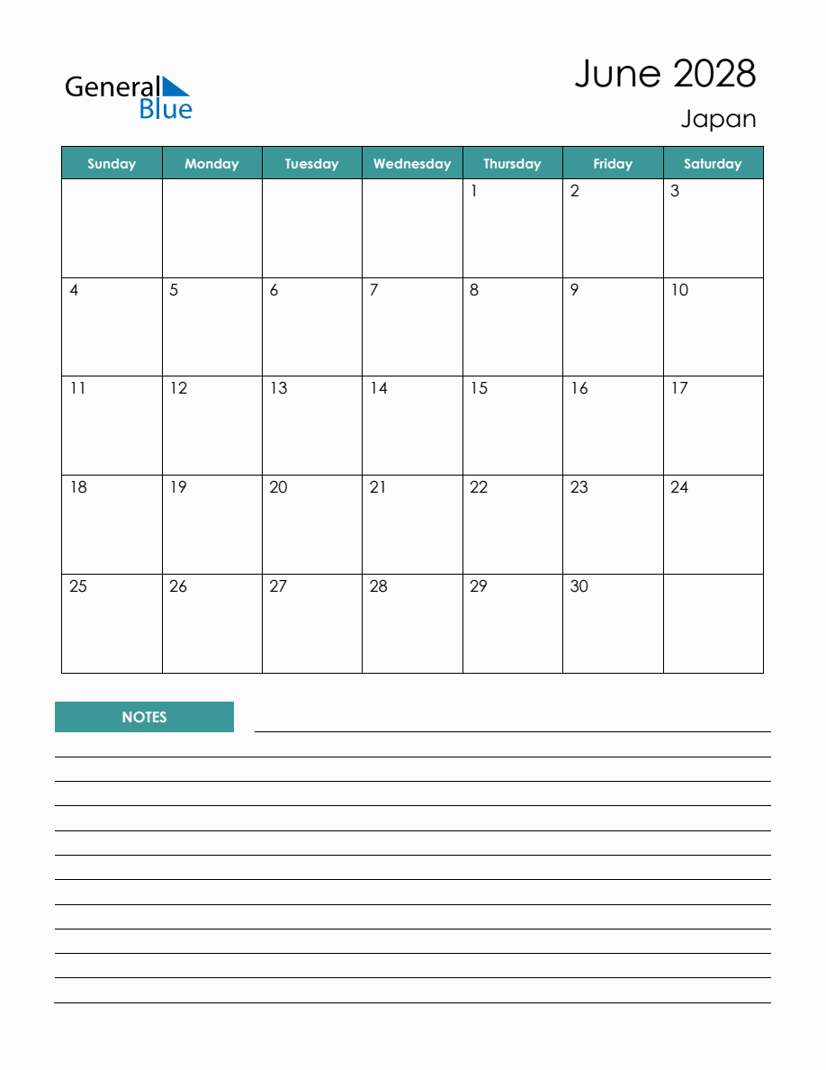 Monthly Planner with Japan Holidays - June 2028