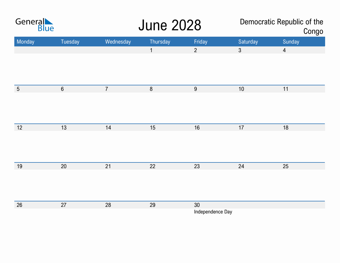 Editable June 2028 Calendar with Democratic Republic of the Congo ...