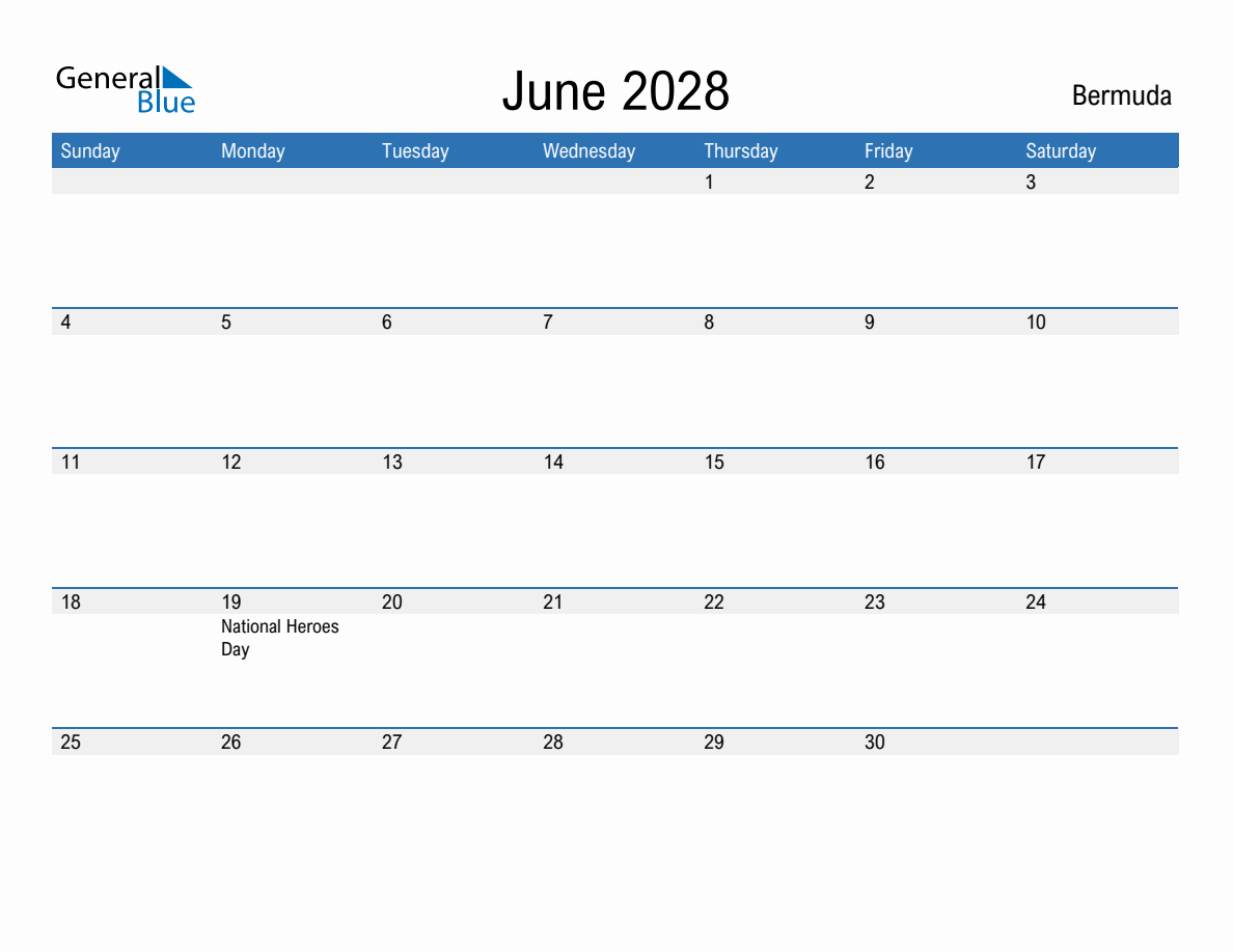 June 2028 Monthly Calendars with Bermuda Holidays
