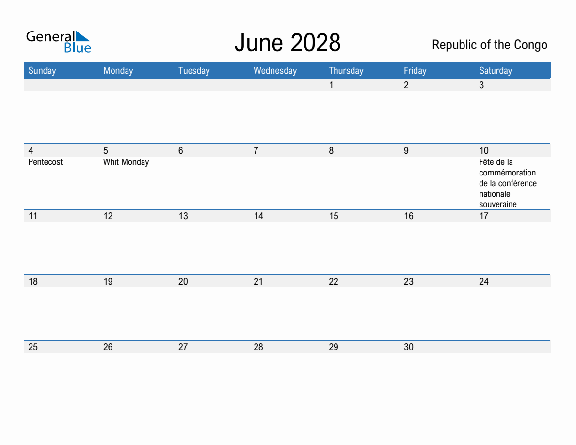 Editable June 2028 Calendar with Republic of the Congo Holidays