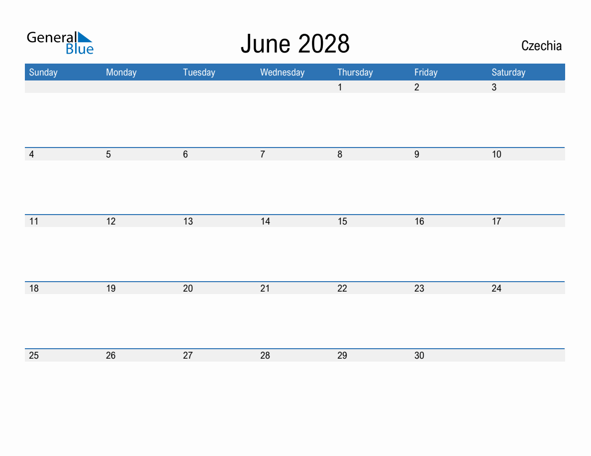 June 2028 Monthly Calendars with Czechia Holidays