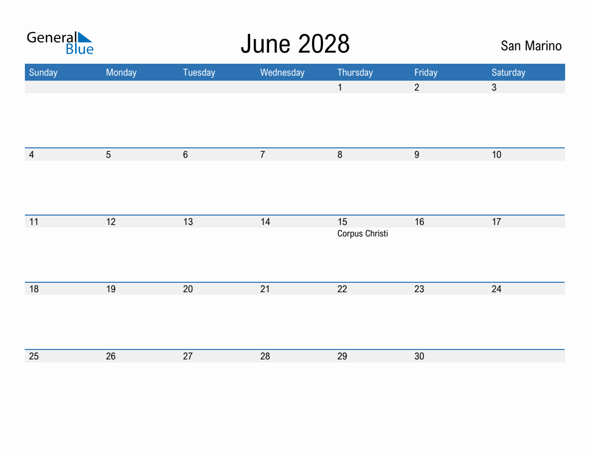 June 2028 Monthly Calendars with San Marino Holidays