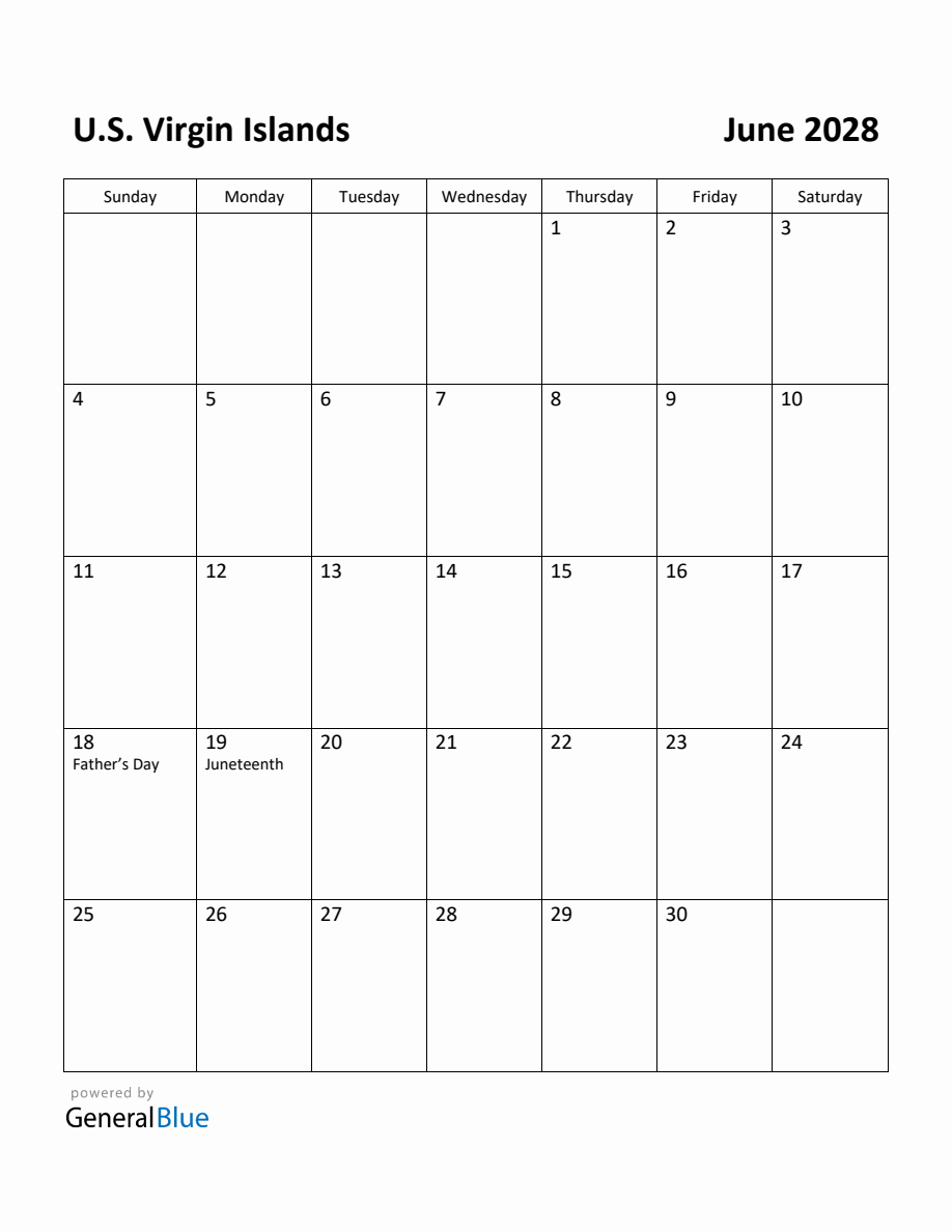 Free Printable June 2028 Calendar for U.S. Virgin Islands