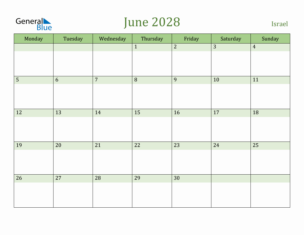 Fillable Holiday Calendar for Israel - June 2028 (Monday Start)