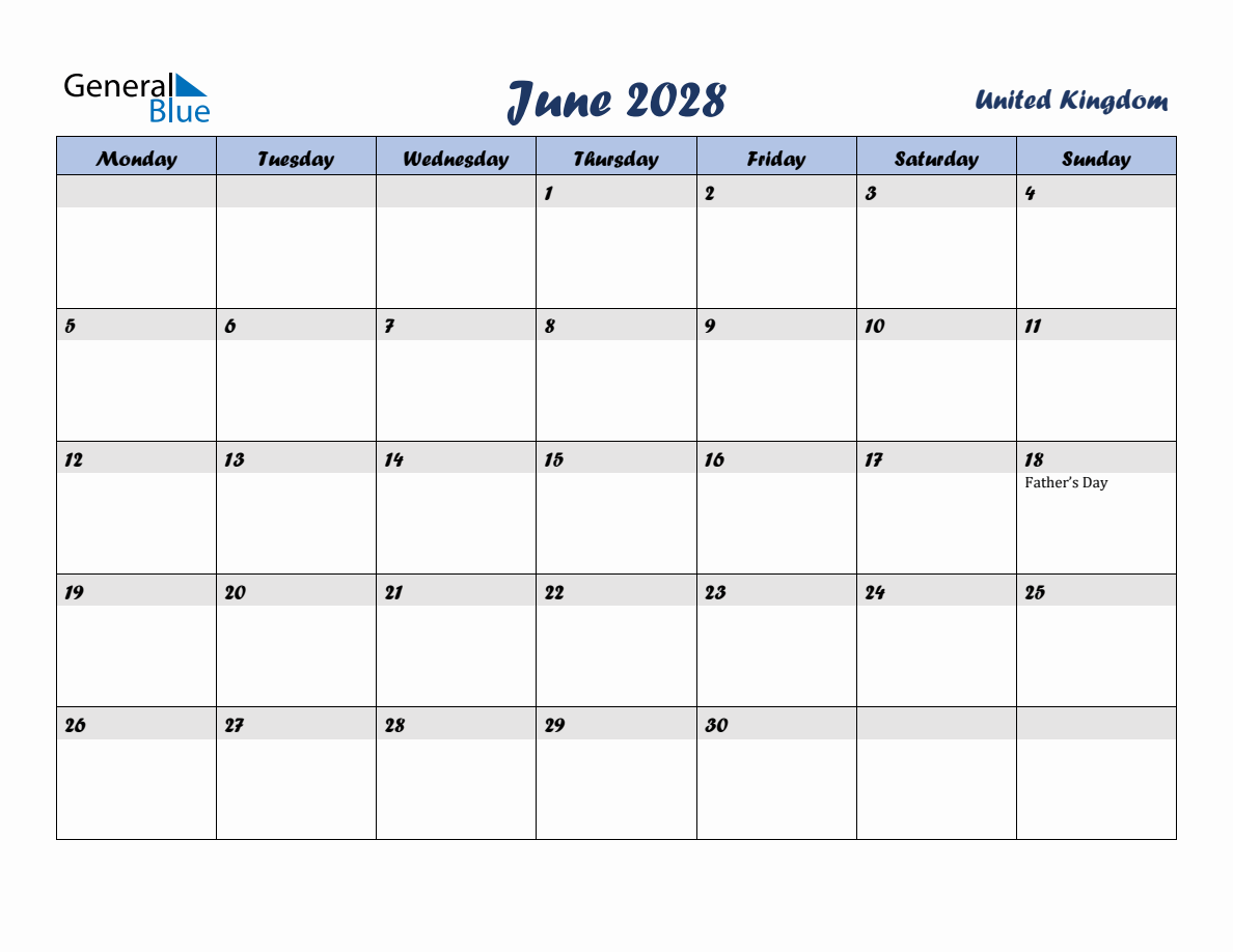 June 2028 Monthly Calendar Template with Holidays for United Kingdom