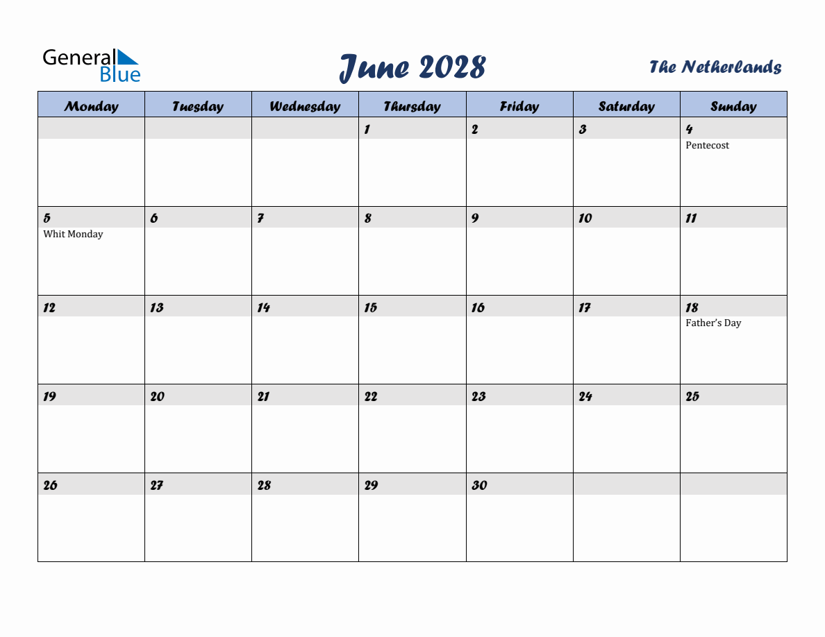 June 2028 Monthly Calendar Template with Holidays for The Netherlands ...