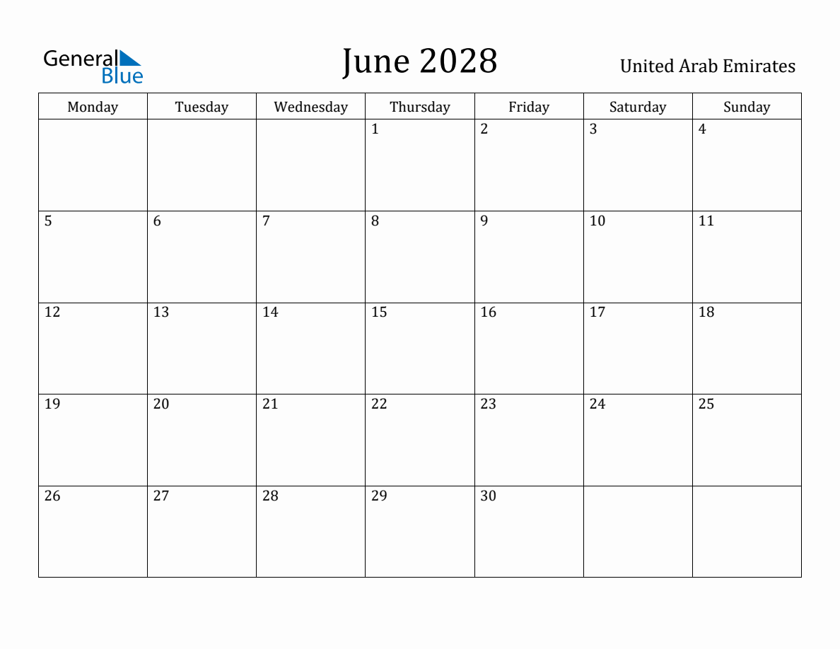 United Arab Emirates Monthly Calendar - June 2028 (Monday Start)