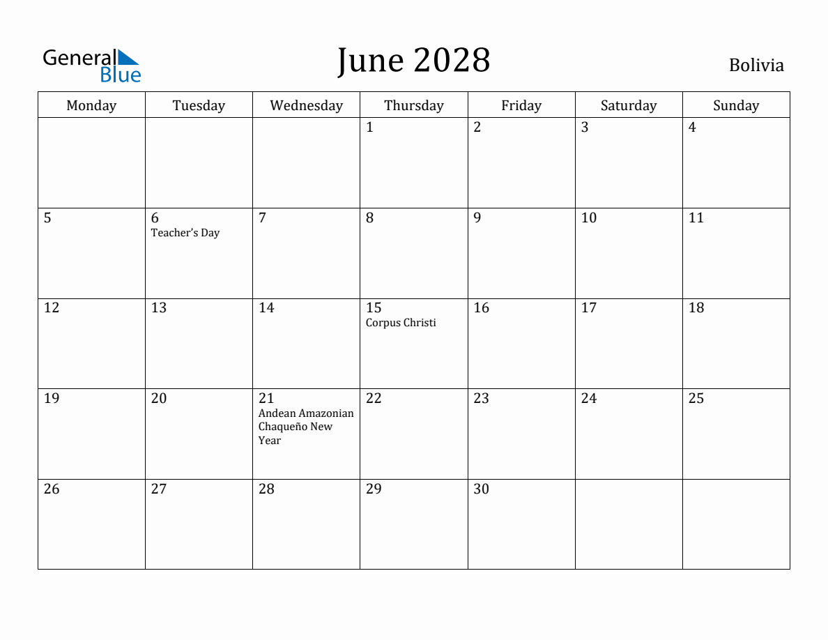 June 2028 Monthly Calendar with Bolivia Holidays