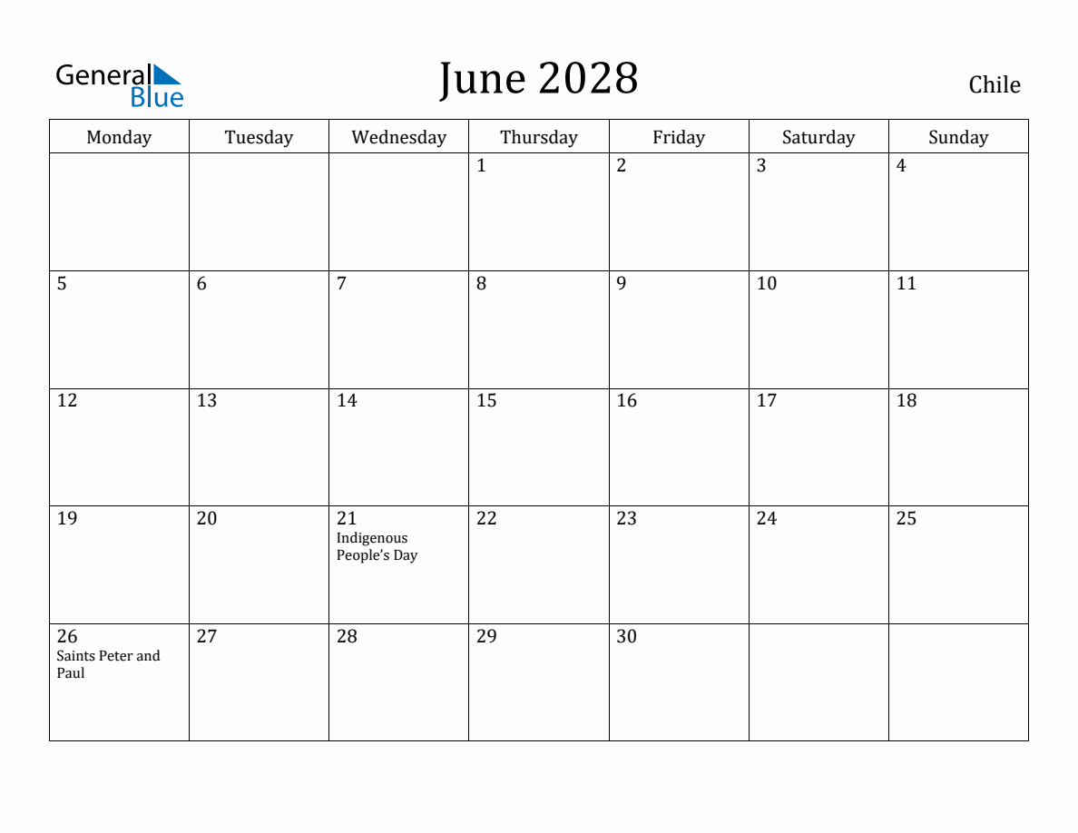 June 2028 Monthly Calendar with Chile Holidays