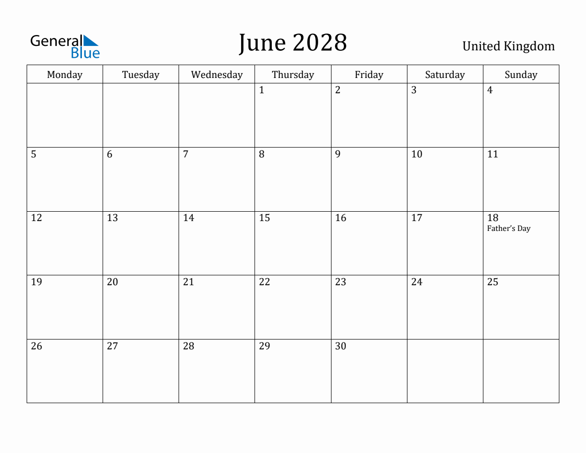 June 2028 Monthly Calendar with United Kingdom Holidays (Monday Start)