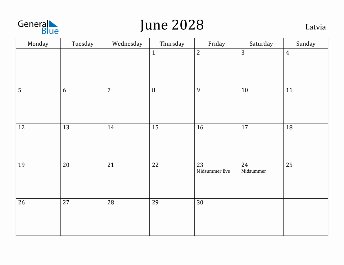 June 2028 Monthly Calendar with Latvia Holidays