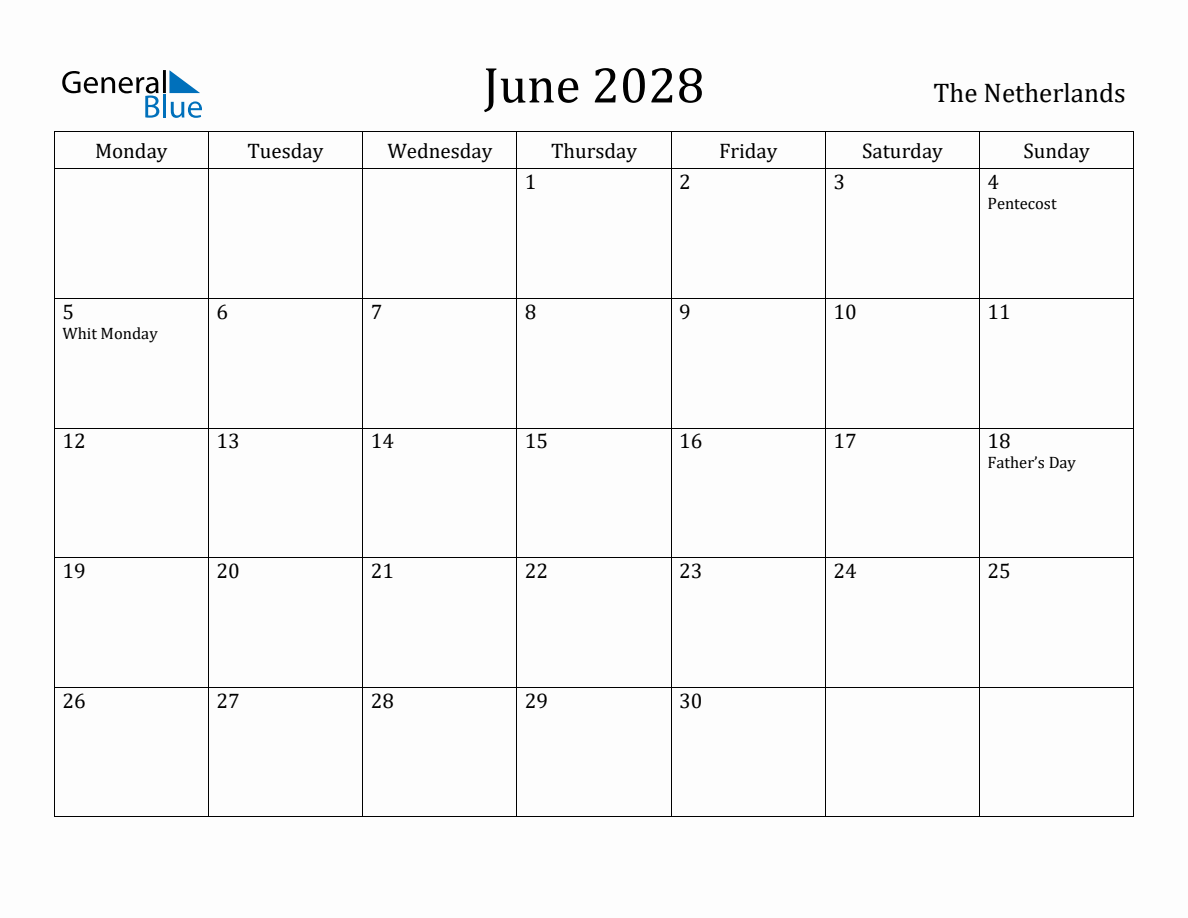 June 2028 Monthly Calendar with The Netherlands Holidays (Monday Start)