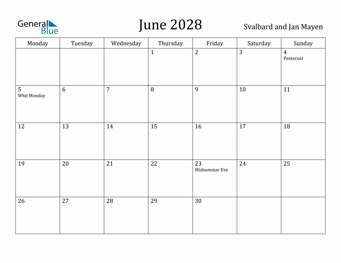 Svalbard and Jan Mayen Monthly Calendar - June 2028 (Monday Start)